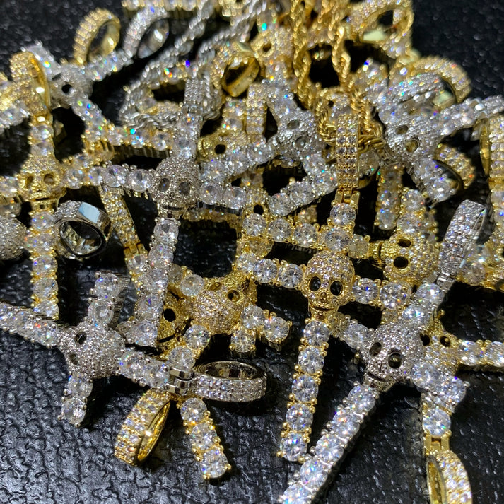 14K Gold Plating Iced Bling Skull Cross Iced Out Pendant Chain Necklac ...
