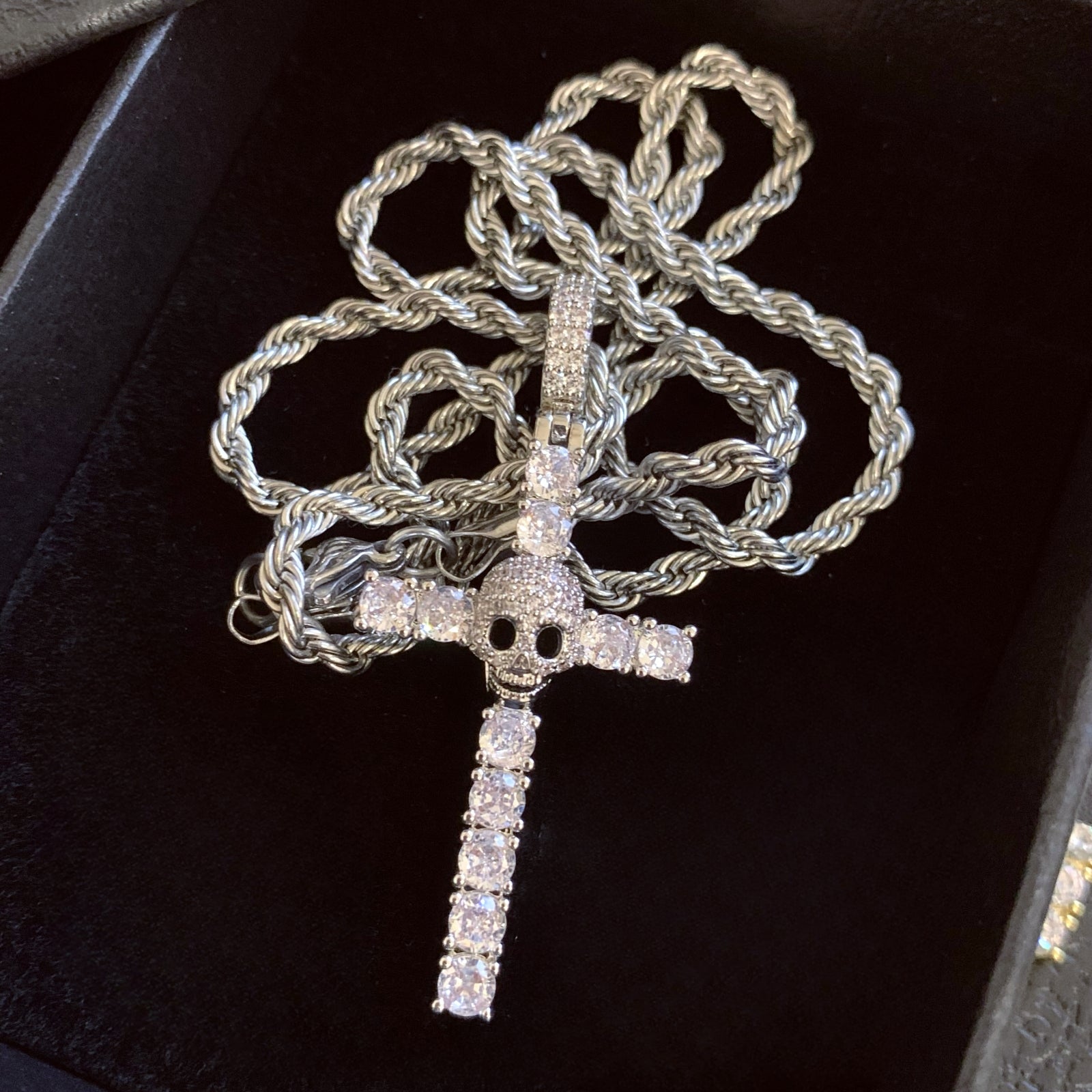 14K Gold Plating Iced Bling Skull Cross Iced Out Pendant Chain Necklac ...